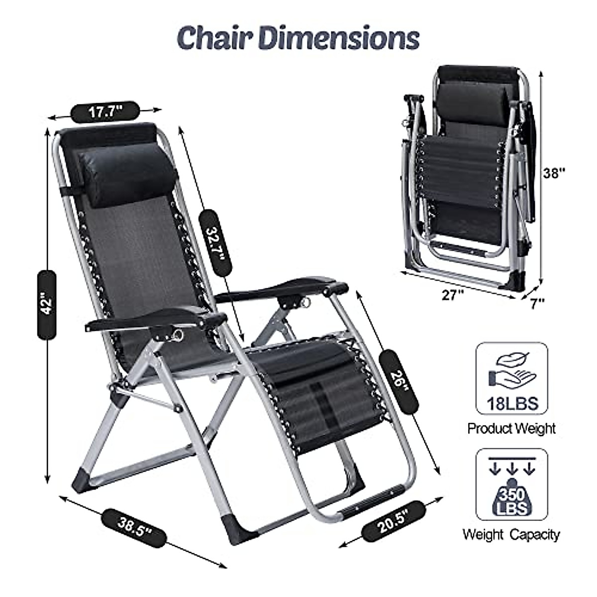 BIGTREE Heavy Duty Zero Gravity Chair w/Headrest Pillow Folding Recliners,Portable Adjustable Lawn Patio Lounge Chair with Side Table and Cup Holders for Outdoor Garden Patio Seat