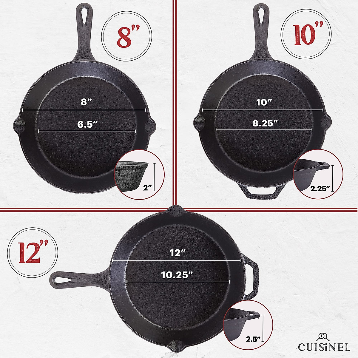 Cuisinel Cast Iron Skillets Set with Lids - 8"+10"+12"-inch Pre-Seasoned Covered Frying Pan Set + Silicone Handle and Lid Holders + Scraper/Cleaner - Use Cookware Indoor/Outdoor, Oven, Stovetop, Fire