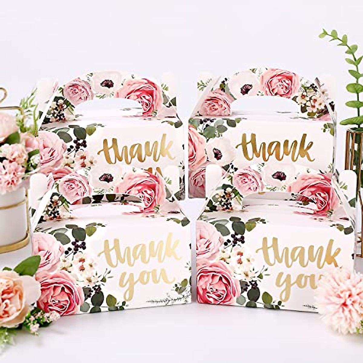 SOSFKIM Gable Treat Boxes Large 24 Pack - Floral Party Favor Boxes Bulk Embossed Foil 6.3x 3.5x 3.5in - Goodie Gable Boxes for Baby Shower, Wedding, Birthday