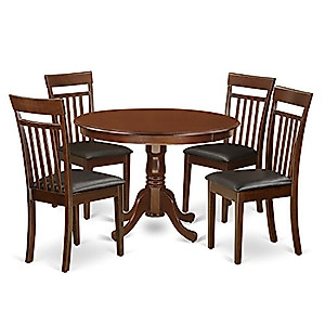 East West Furniture HLCA5-MAH-LC 5 Piece Modern Dining Table Set Includes a Round Wooden Table with Pedestal and 4 Faux Leather Kitchen Dining Chairs, 42x42 Inch, Mahogany