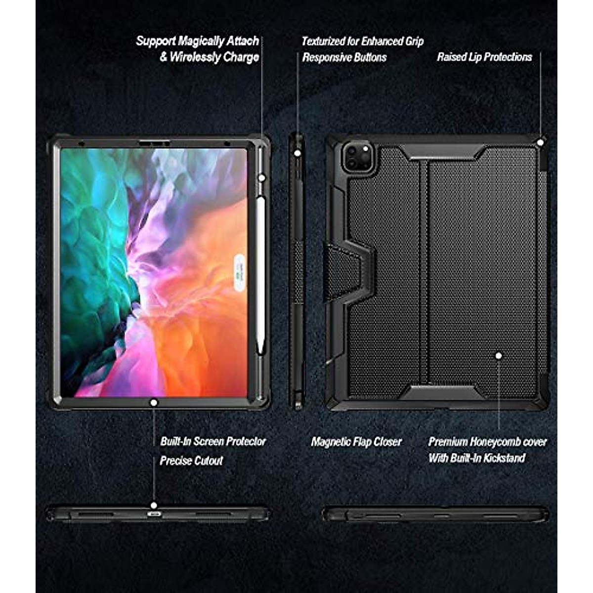 Poetic Explorer Series Designed for iPad Pro 12.9 2020 & 2018 Case, Full Body Triple Layers Tough 360 Degree Stand Folio Cover case with Built-in Screen Protector and Pencil Holder, Black