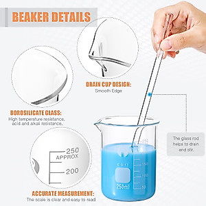 Feekoon 10 Pieces Glass Measuring Beaker Graduated Measuring Cylinder with Stirring Rod 50/100/ 250/500/ 1000 ml Thick Glass Beakers 5/10/ 50/100 ml Graduated Cylinders for Science Lab (9.8 Inch)