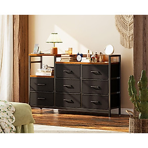 Casaottima Dresser for Bedroom with Charging Station, 52" Long Dresser with 8 Storage Drawers, Large Fabric Dressers Chests of Drawers with Shelves, Black and Vintage