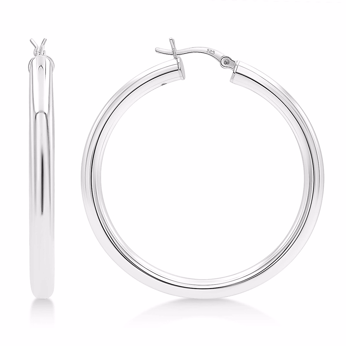 KEZEF Sterling Silver Hoop Earrings for Women, Girls and Men | 4mm High Polished Lightweight Silver Hoops | 45mm Diameter | Chunky Hoop Earrings
