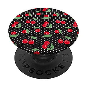 Red Cherry Fruit Green Leaves Black White Dots Points PopSockets Swappable PopGrip