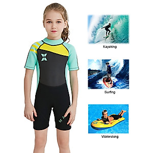 DIVE & SAIL Kids Shorty Suit Short Sleeve Warm Wetsuit 2.5mm Diving Suit Full Suit Back Zipper One Piece Swimsuit Green S