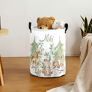 Woodland Forest Animals Laundry Basket Personalized with Name Laundry Hamper with Handle Clothes Bag Bin for Bedroom Baskets