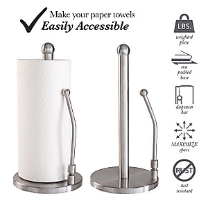 Kitchen Details Stainless Steel Paper Towel Holder | Tension Dispenser Bar | Easy Tear | Weighted Base | Standard Roll | Countertop