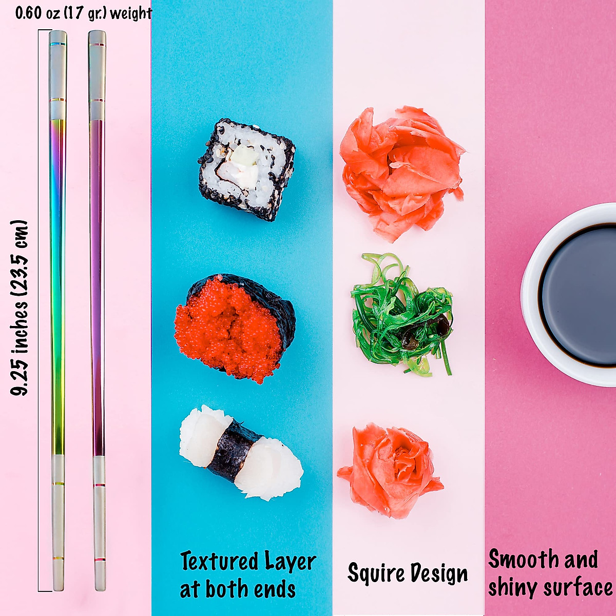 EMRSTORES Stainless Steel Chopsticks -Premium Metal Chopsticks with Titanium Plating - 5 Pairs Dishwasher Safe Chopsticks Reusable - Easy to Use - Square Lightweight Chop Sticks Gift Set