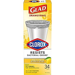 Glad Small Drawstring Trash Bags with Clorox, 4 Gallon Grey Trash Bags, Lemon Fresh Bleach Scent, 34 Count (Package May Vary)