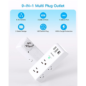 One Beat Flat Plug Power Strip + Rotating Plug Surge Protector, Multi Plug Outlet with USB and USB C Ports