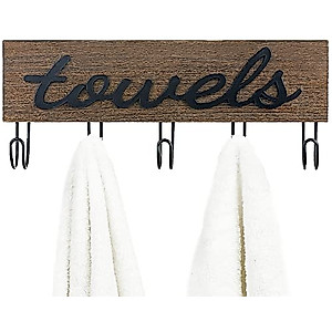 Mkono Towel Holder Wall Mounted Towel Rack Bathroom Decor Rustic Wood Towel Hooks to Hang Towels Bathrobe Robe Coat Clothing, 12.6" x 5.2" Bath Towel Hanger Storage Home Decor Organizer