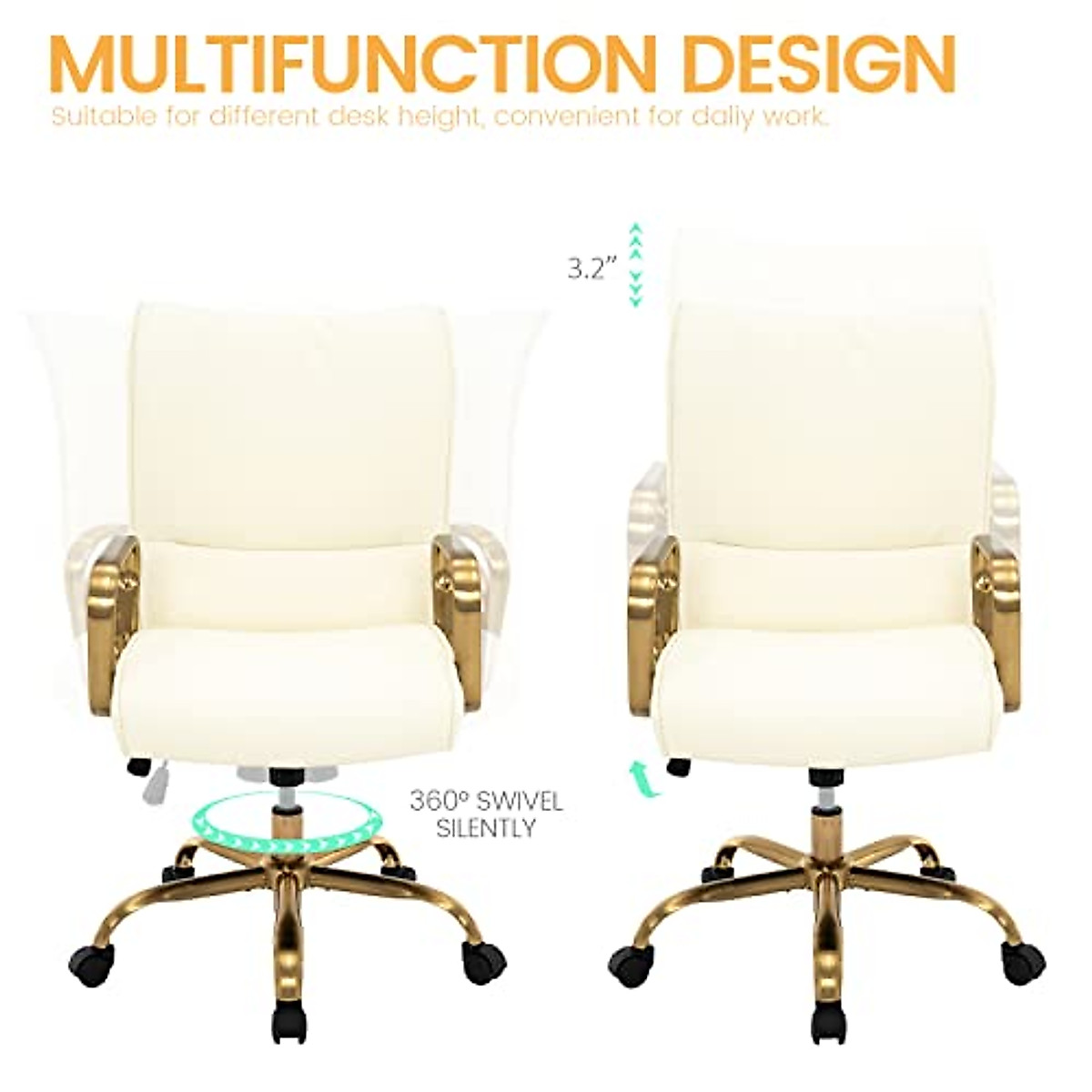 MFD LIVING Home Office Chair, Modern Upholstered Mid-Back PU Leather Task Desk Chair with Arms, Adjustable Rocking Swivel Computer Chair with Wheels (Off-White, Gold Base)