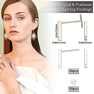 Beebeecraft 40Pcs 2 Colors Stud Earring with Loop 18K Gold & Platinum Plated Rectangle Earring Posts with Ear Nut for DIY Earrings Jewelry Making