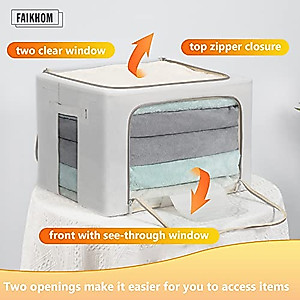 FAikhom 3 Pack Stackable Storage Bins- Foldable Metal Frame Storage Box Oxford Fabric Stackable Clothes Container Organizer with clear Window & Carry Handles (66L, Grey)