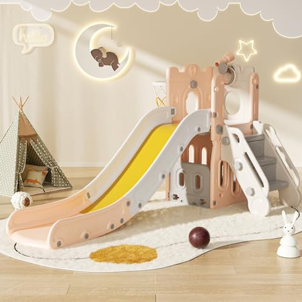 YUYUE 7 in 1 Toddler Slide,Kids Climber Slide with Storage Space and Non-Slip Steps,Indoor Outdoor Playset with Basketball Hoopa and Telescope,Slide for Toddlers Age 1-8,Slip and Slide