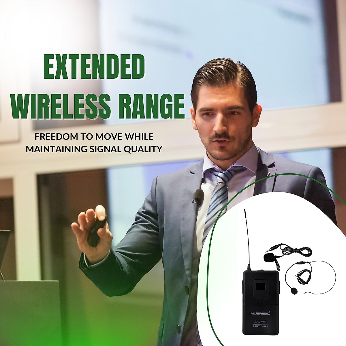 MUSYSIC Pro Wireless Microphone System – Advanced SM Technology, 1/4" TRS & XLR Output - 8 Channel UHF Receiver - 8 Lapel Lavalier - 8 Headset - MU-U8-LL