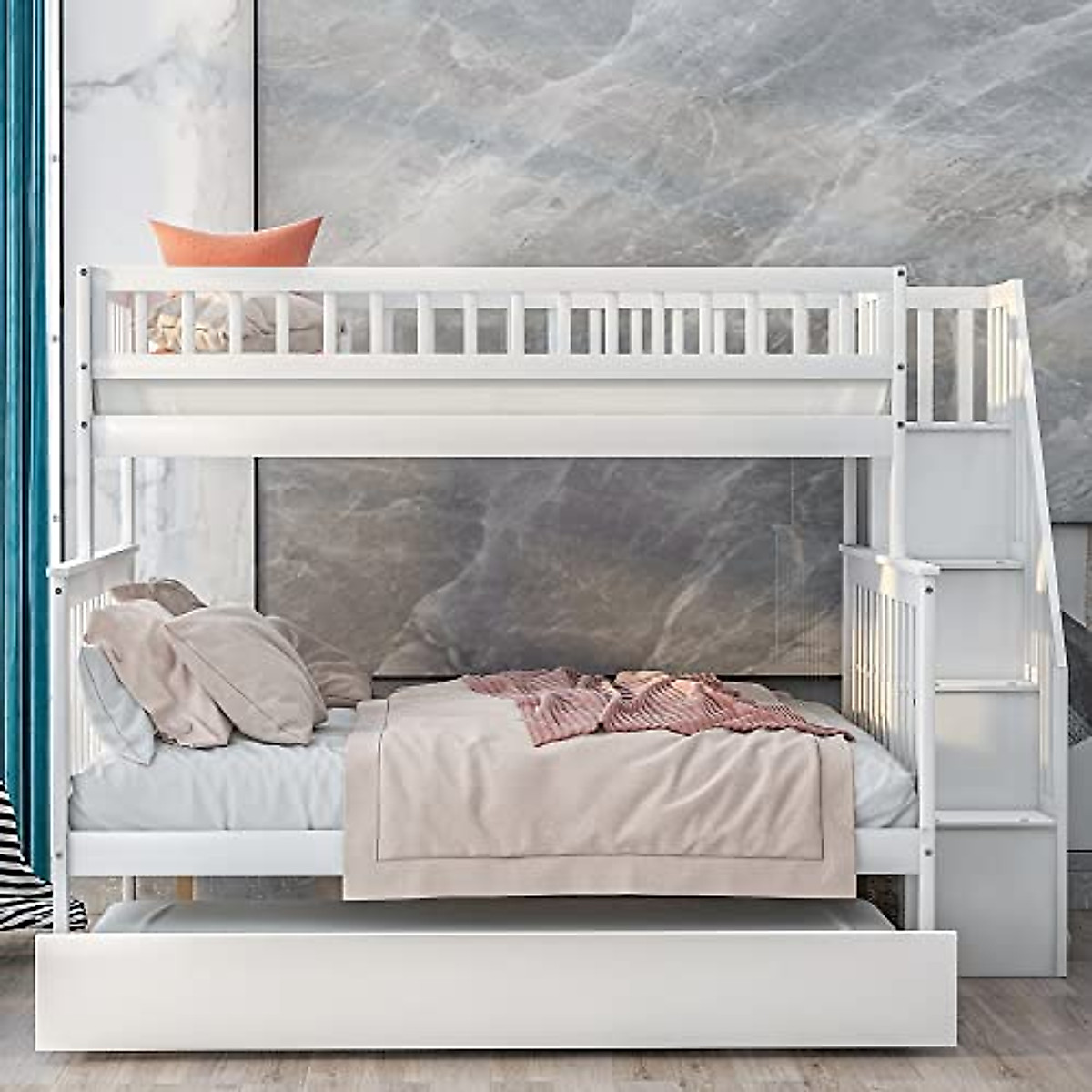 Merax Twin Over Full Bunk Bed with Trundle, Storage Staircase, and Guard Rail, No Box Spring Needed, White