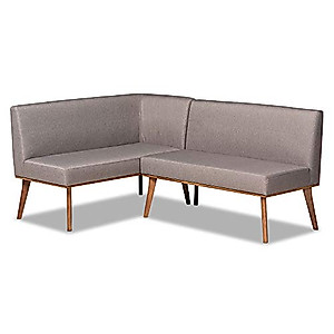 Baxton Studio Odessa Corner Sofa Bench Grey Fabric Upholstered and Walnut Brown Finished Wood 2-Piece Dining Corner Sofa Bench