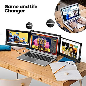 KEFEYA Laptop Screen Extender, 12" Triple Screen Monitor for 13-16 Inch Laptops, Portable Monitor for Laptop with Full HD IPS Display for Mac, Windows, Chrome and Switch, Plug and Play