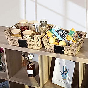 OUTBROS Storage Box Hand-Woven Wicker Storage Baskets, Multipurpose Open-Front Bin, Shelf Nesting Baskets, Desktop Makeup Organizer Container with Built-In Carry Handles, Paper Rope, Natural
