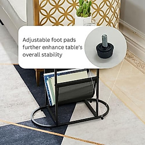 HoRunzelin Modern Oval End Table with Leatherette Magazine Sling, Glass Top Small Side Table with Metal Frame, Rustic Snack Accent Table, Black
