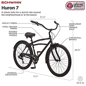 Schwinn Huron Beach Cruiser Bike for Adult, 7-Speed, Front and Rear Linear Pull Brake, 26-Inch Wheels, 17-Inch Step-Over Steel Frame, Full Front & Rear Fenders, Black