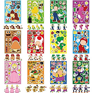 36PCS Mario Make a Face Stickers, DIY Mario Party Supplies Favors Make Your Own Stickers Mixed and Matched with Different Designs Characters for Birthday Gifts Class Reward Book Decor