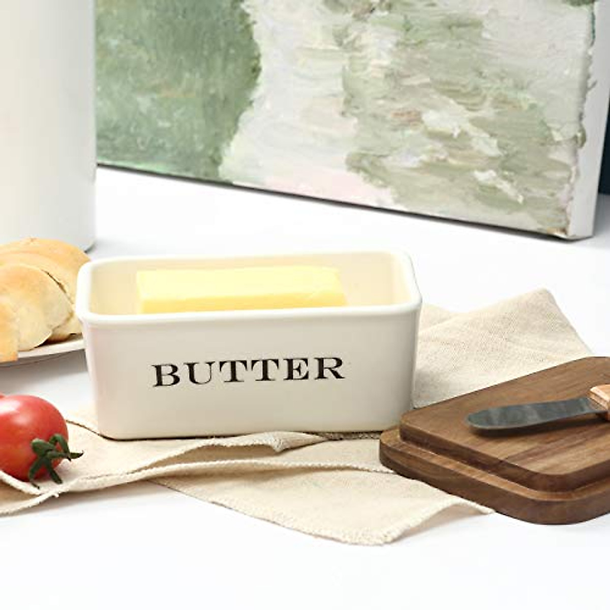 everous Butter Dish - Beautiful Farmhouse Kitchen Decor Butter Container With Wooden Lid and Knife(White)