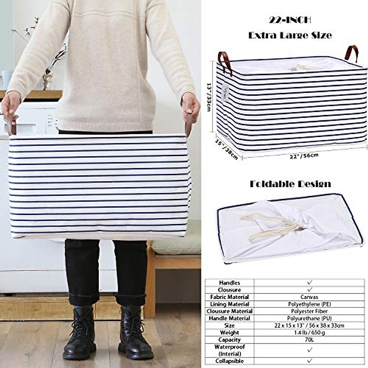 Hinwo 4-Pack 70L Extra Large Canvas Fabric Storage Bins with 77L Laundry Hamper, Navy Stripe