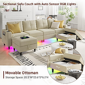 FOMNEY Sectional Couche for Living Room, Modular U Shaped Sofa Couchs with RGB Lights and Charging Ports, 6 Seat Convertible Sectional Sofa with Storage Ottoman (Beige)