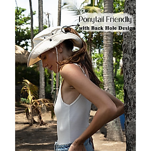 FURTALK Sun Hats for Women Ponytail UV Protection Summer Hat Wide Brim Packable UPF50 Cowboy Hat Hiking Fishing Hats Beige