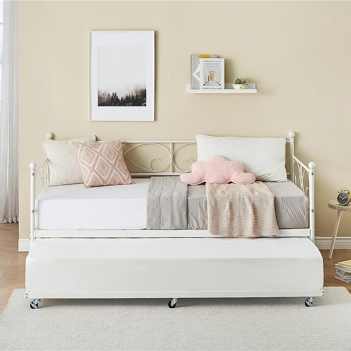IDEALHOUSE Twin Daybed with Trundle, Metal Trundle Bed, Sofa Bed Frame, Heavy Duty Metal Slats, for Living Room, Bedroom, Guest Room, Space Saving, White