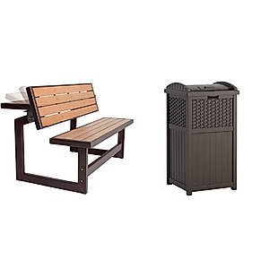 Lifetime 60054 Convertible Bench/Table, Faux Wood Construction and Suncast 33 Gallon Hideaway Can Resin Outdoor Trash with Lid