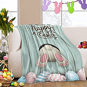 Happy Easter Flannel Fleece Throw Blanket Soft Blankets,40x50In Cute Bunny Tail Stripes Eggs Lightweight Micrifiber Blanket for Kid/Teen/Men Bedroom, Living Room Couch Sofa Teal Wooden Grain