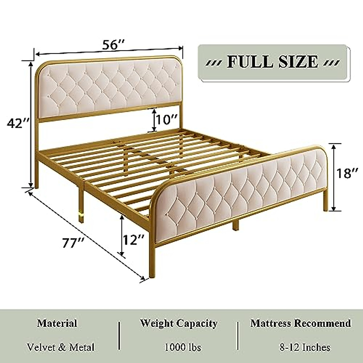 Feonase Full Bed Frame, Upholstered Platform Bed Frame with Diamond Velvet Tufted Headboard, Heavy Duty Metal Slats, 12" Storage Space, No Box Spring Needed, Easy Assembly, Noise-Free, Gold