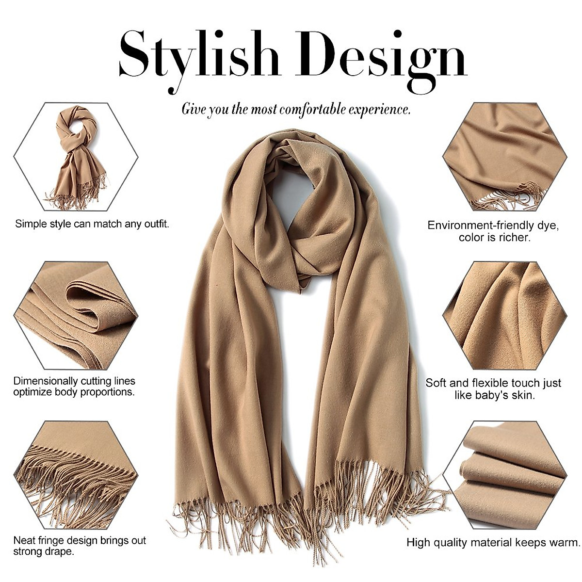 maamgic Women's Scarf Pashmina Shawls and Wraps for Evening Dresses Travel Office Winter Wedding Cashmere Feel Large Scarves Tan/Camel
