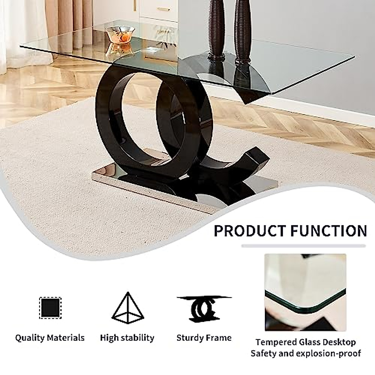 LFVFFA 63 inch Modern Glass Dining Table for 4-6, Rectangle Glass Kitchen Table, 0.39" Tempered Glass Top Dining Table，Large Pedestal Table (1 Table+4 Gray Chair, 63 Inch)