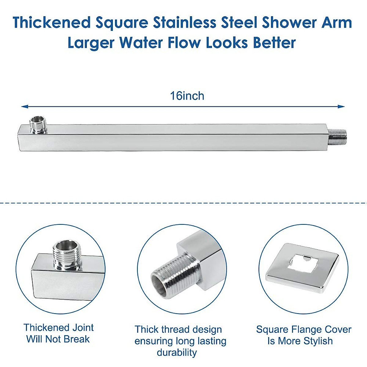 HarJue Shower Head with Extension Arm, High Pressure Square Shower Head with ShowerArm, Stainless Steel Rainfall Showerhead-Waterfall Full Body Coverage (12'' ShowerHead with 16'' Arm, Chrome)