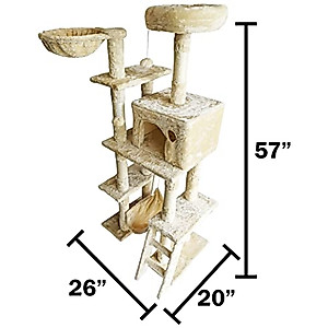 Beige Cat Tree Tower for Indoor Cats & Kittens, 57" Tall Multi-Level with Comfy Perch & Basket, Hideaway Condo, Sisel Scratcher Posts & Ladder, Ball Toys, & Dangling Rope - by SciencePurchase
