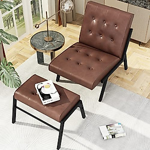 AWQM Accent Chair with Ottoman,Faux Leather Living Room Chair,Upholstered Single Sofa Chair Set with Metal Legs, Button Tufted Lounge Chair with Footrest, Reading Chair for Bedroom Office,Brown