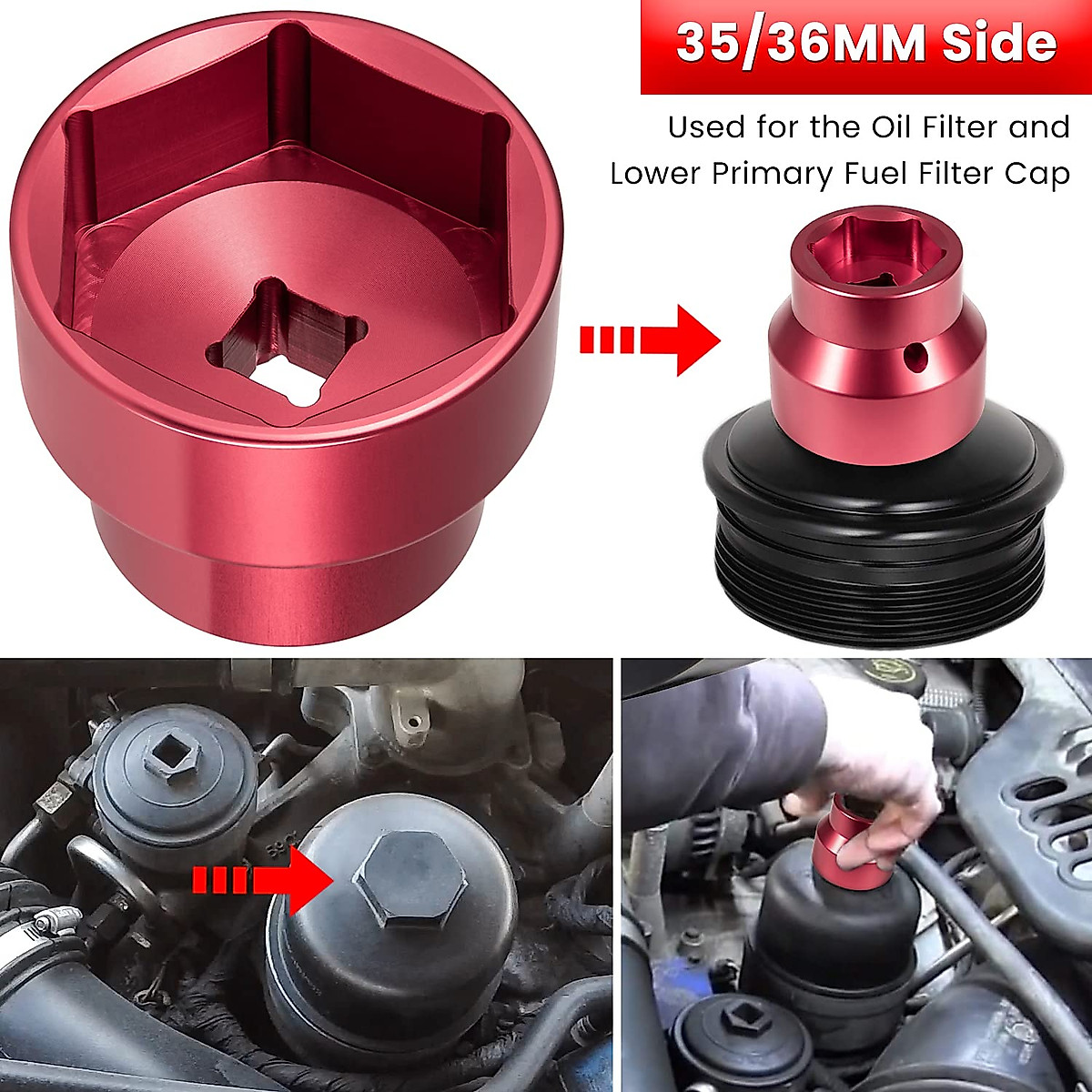 Fuel Filter/Oil Filter Socket 24mm / 36mm Reversible Fuel Filter Cap Remover and Installer Assistant for 2003-2010 6.0L / 6.4L Ford Powerstroke Diesel (Red)