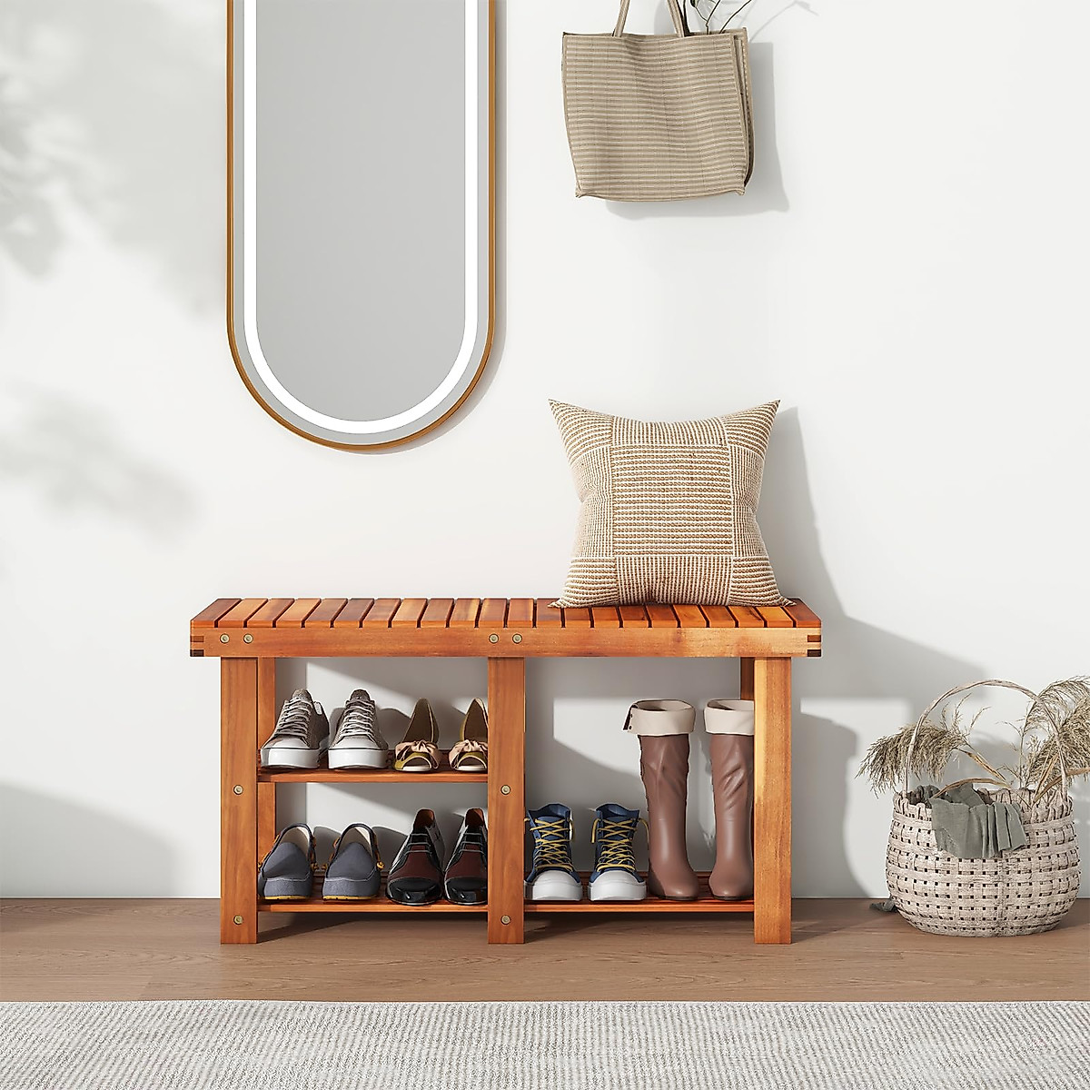 Tangkula 3-Tier Shoes Rack Bench, Entryway Storage Bench Shoes Organizer with Seat, Shoe Shelf for Boots, Acacia Wood Bench for Hallway, Bathroom, Living Room, Corridor Garden