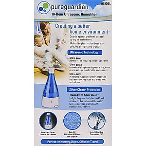 Guardian Technologies Pure Guardian H920BL Ultrasonic Cool Mist Humidifier, 10 Hrs. Run Time, 210 Sq. Ft. Coverage, Small Rooms, Quiet, Filter Free, Treated Tank Resists