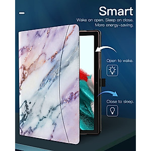 MoKo Case for Samsung Galaxy Tab A8 10.5 Inch 2022 (SM-X200/X205/X207) with Flexible Hand Strap & Pocket, Multi-Angle Viewing Stand Lightweight Protective Cover, Auto Sleep/Wake, Purple Marble