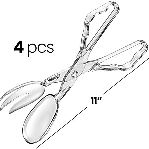 Pack of 4 11-Inch Clear Plastic Scissor Salad Tongs - Premium, Heavy-Duty, Reusable Serving Utensils for Catering, Cooking, Buffets, Party Supplies, and Weddings, Dishwasher Safe