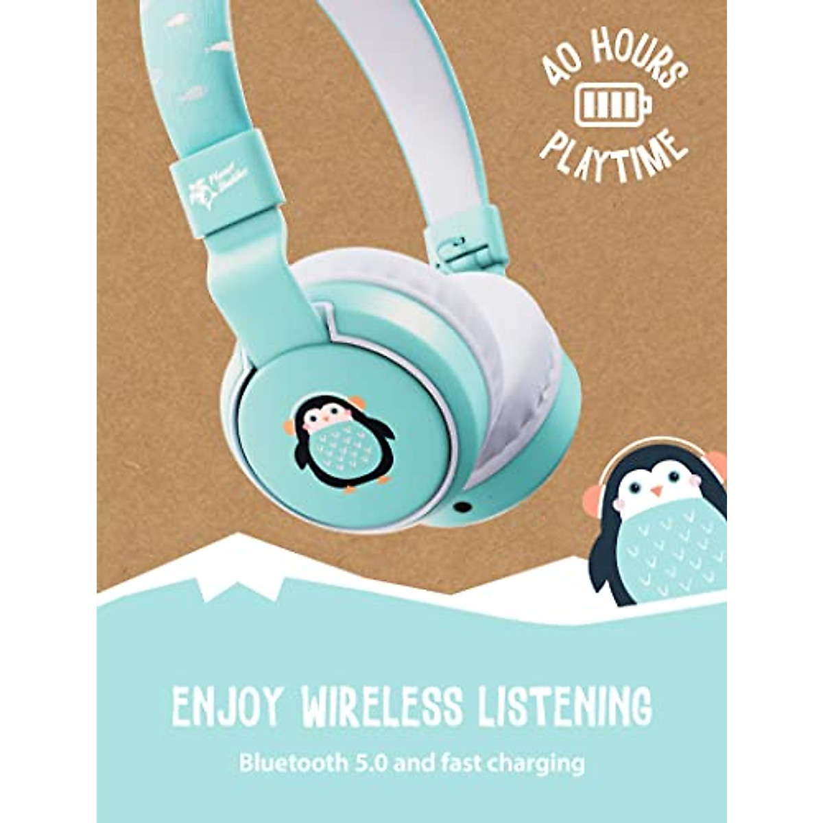 Planet Buddies Cute Penguin On-Ear Bluetooth Headphones for Kids | Foldable Wireless Kids Headphones | Kids Headset with Microphone for Tablets and Phones | Child-Safe Volume for School, Music & Calls