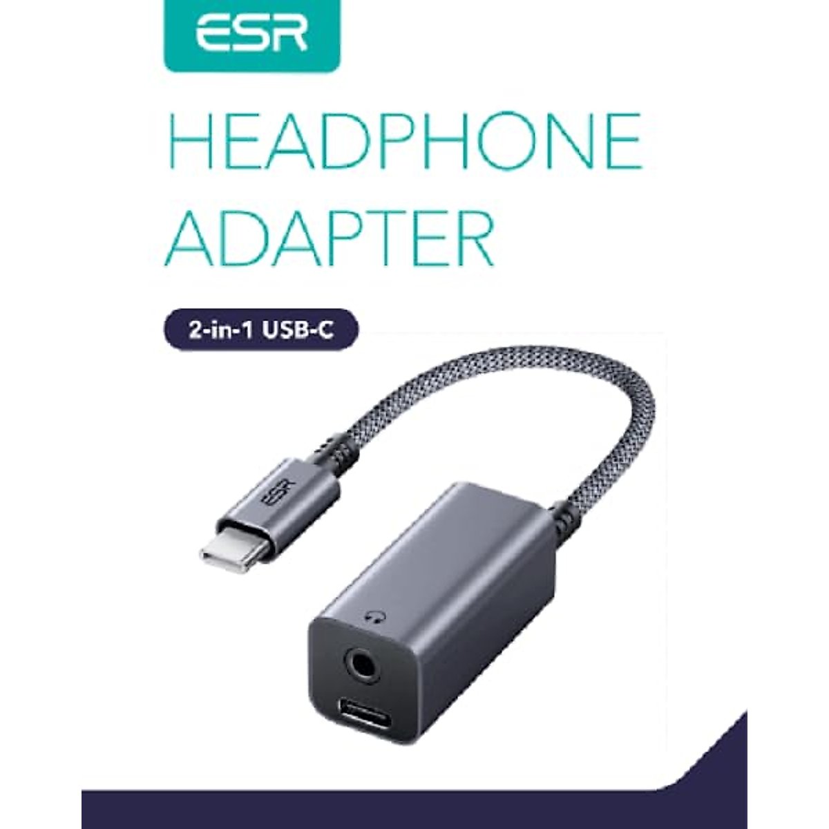 ESR USB C Headphone Adapter, 2-in-1 USB C to 3.5 mm Headphone Jack Adapter with PD Fast Charging, Portable Design, Compatible with Galaxy S22/S21/S20/Note20, iPad Air 5/Mini 6/Pro (2021/2020), Grey