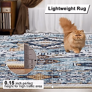 Washable Rug Living Room Rugs: 8x10 Area Rug Large Boho Medallion Distressed Carpets Indoor Soft Floor Anti Slip Carpet for Under Dining Table Bedroom Farmhouse Home Office - Cyan Blue/Beige