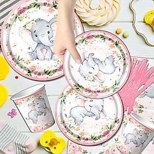 142Pcs Pink Elephant Baby Shower Decorations for Girl It's A Girl Plates and Napkins Set with Cups Forks Tablecloth and Banner Baby Girl Gender Reveal Decorations Pink Baby Shower Party Supplies
